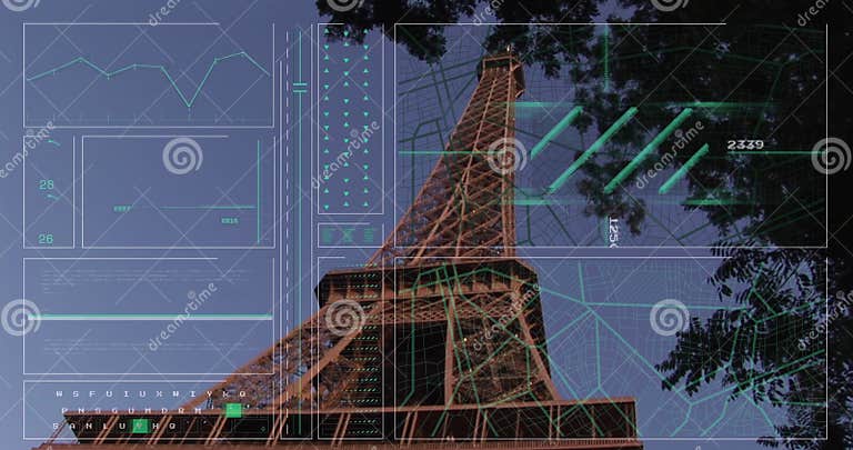 Image of Interface with Data Processing Against Low Angle View of Eiffel Tower Stock Photo ...