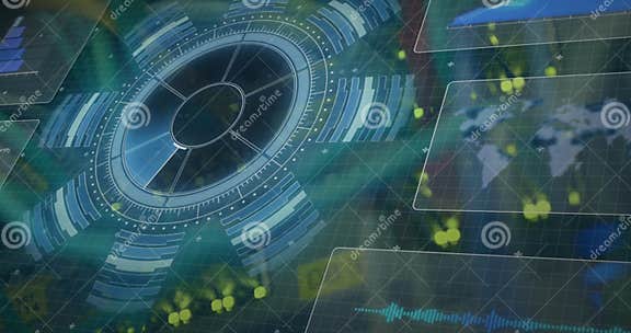 Image of Interface with Data Processing and Round Scanner Over Close Up of a Computer Server ...
