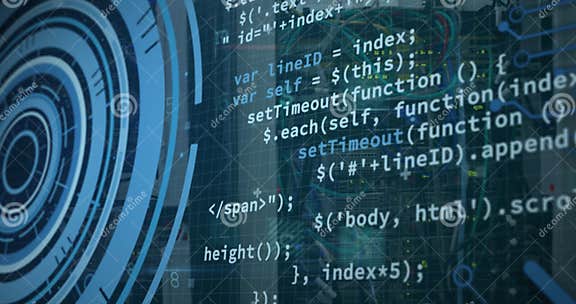 Image of Interface with Data Processing and Round Scanner Over Close Up of a Computer Server ...