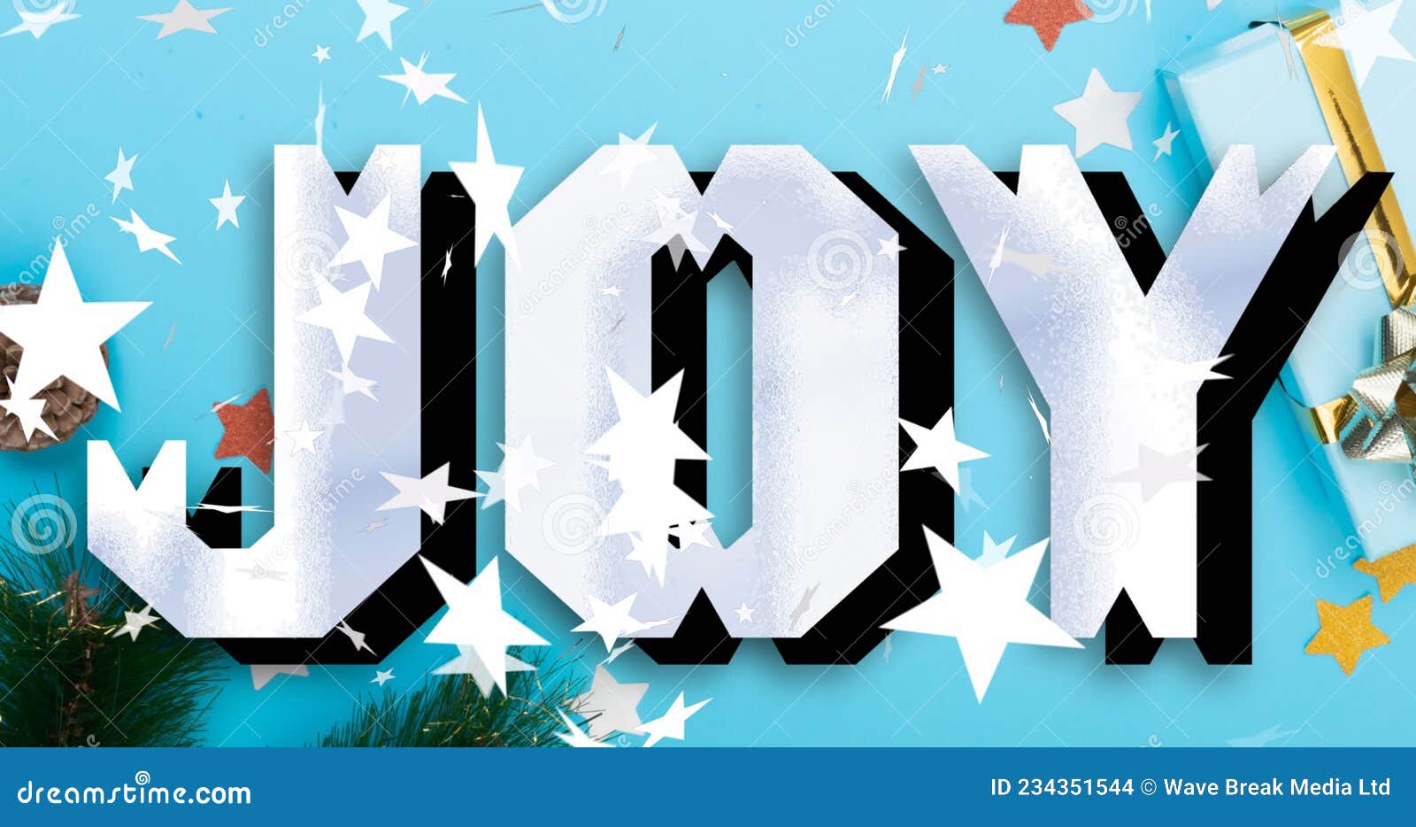 Image of Joy Text Over Stars Falling and Christmas Decorations Stock ...