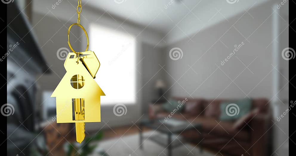 Image of Key with House Keychain Over House Interior Stock Photo ...