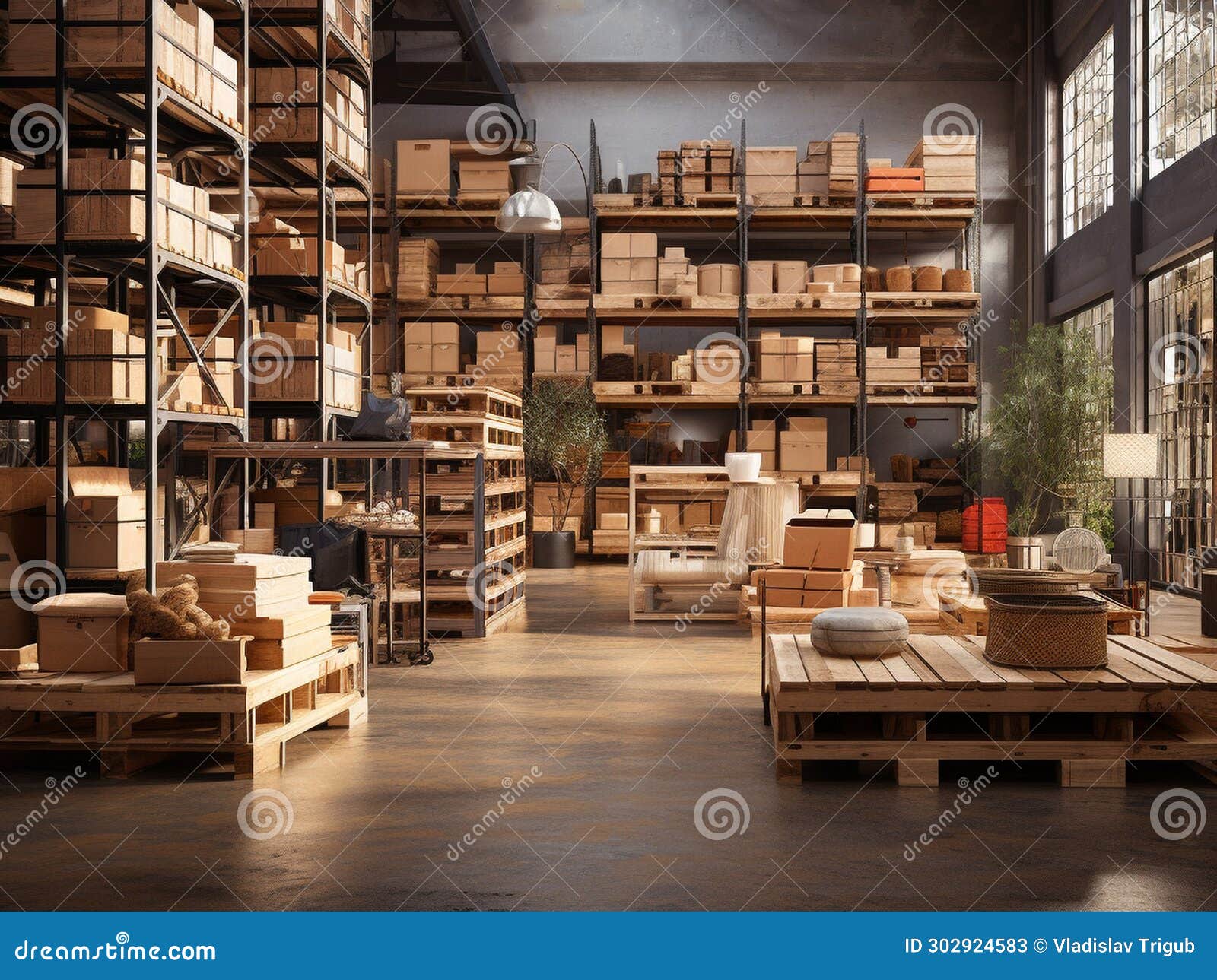 An Image of a Large, Bright Warehouse with Floor-to-ceiling Rows of ...