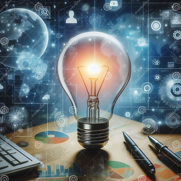 Image is of a Large Light Bulb with Glowing Light on a Digital ...