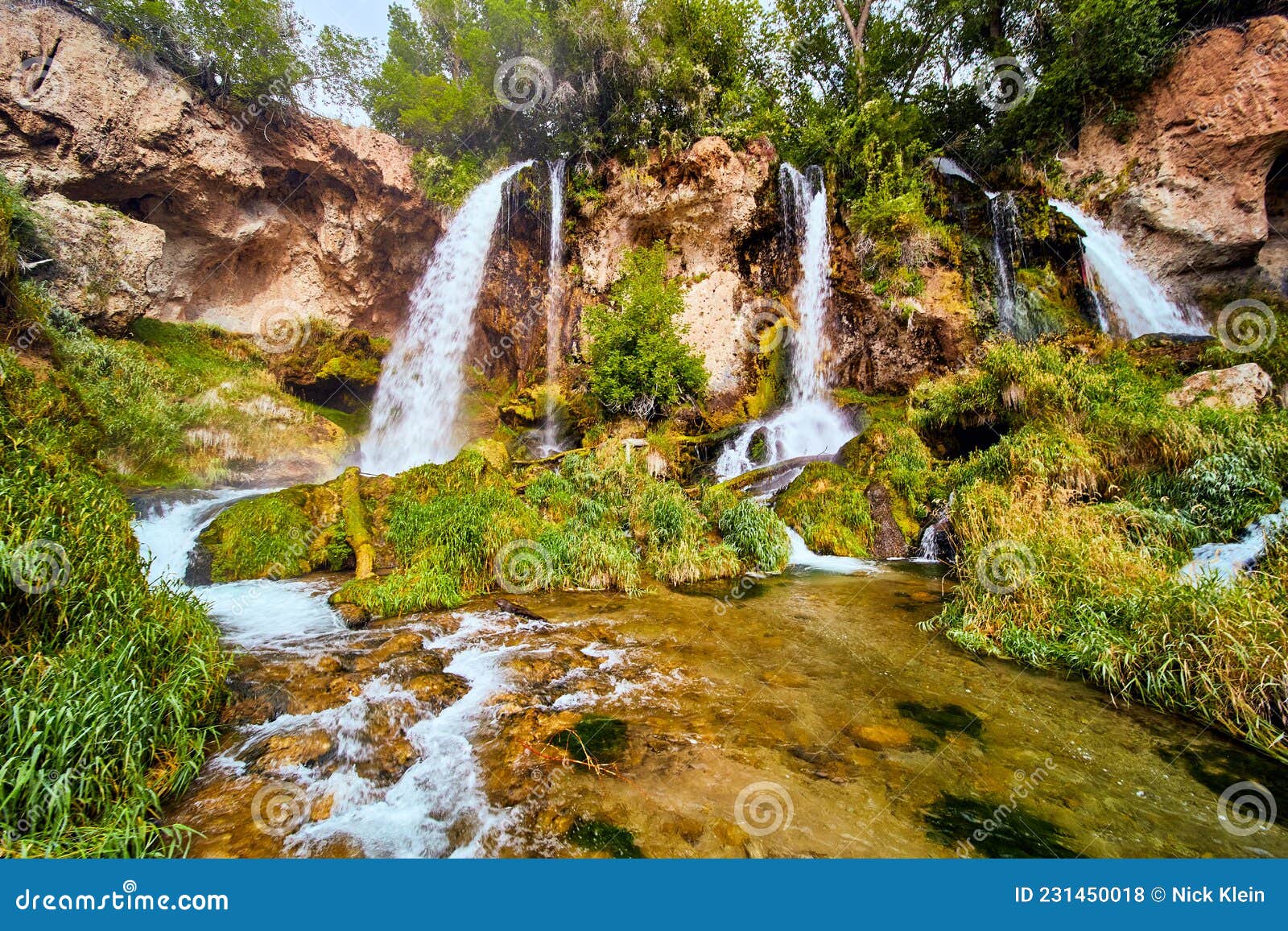 Large Waterfall Pouring into River Over Cliffs with Lush Green Plants ...