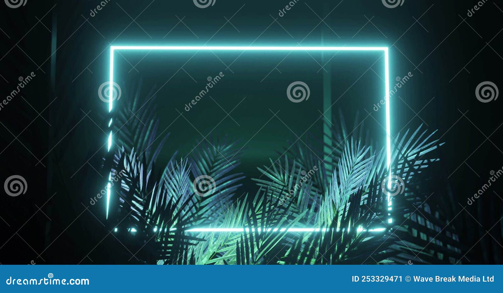Image of Leaves Over Blue Neon Rectangle on Black Background Stock ...