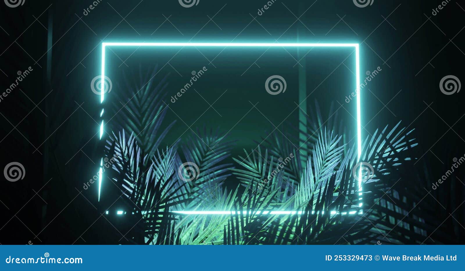 Image of Leaves Over Blue Neon Rectangle on Black Background Stock ...