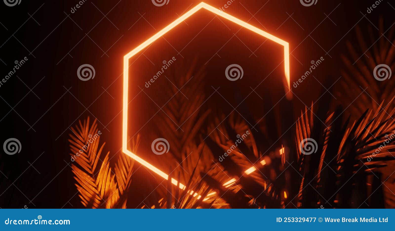 Image of Leaves Over Orange Neon Hexagon on Black Background Stock ...