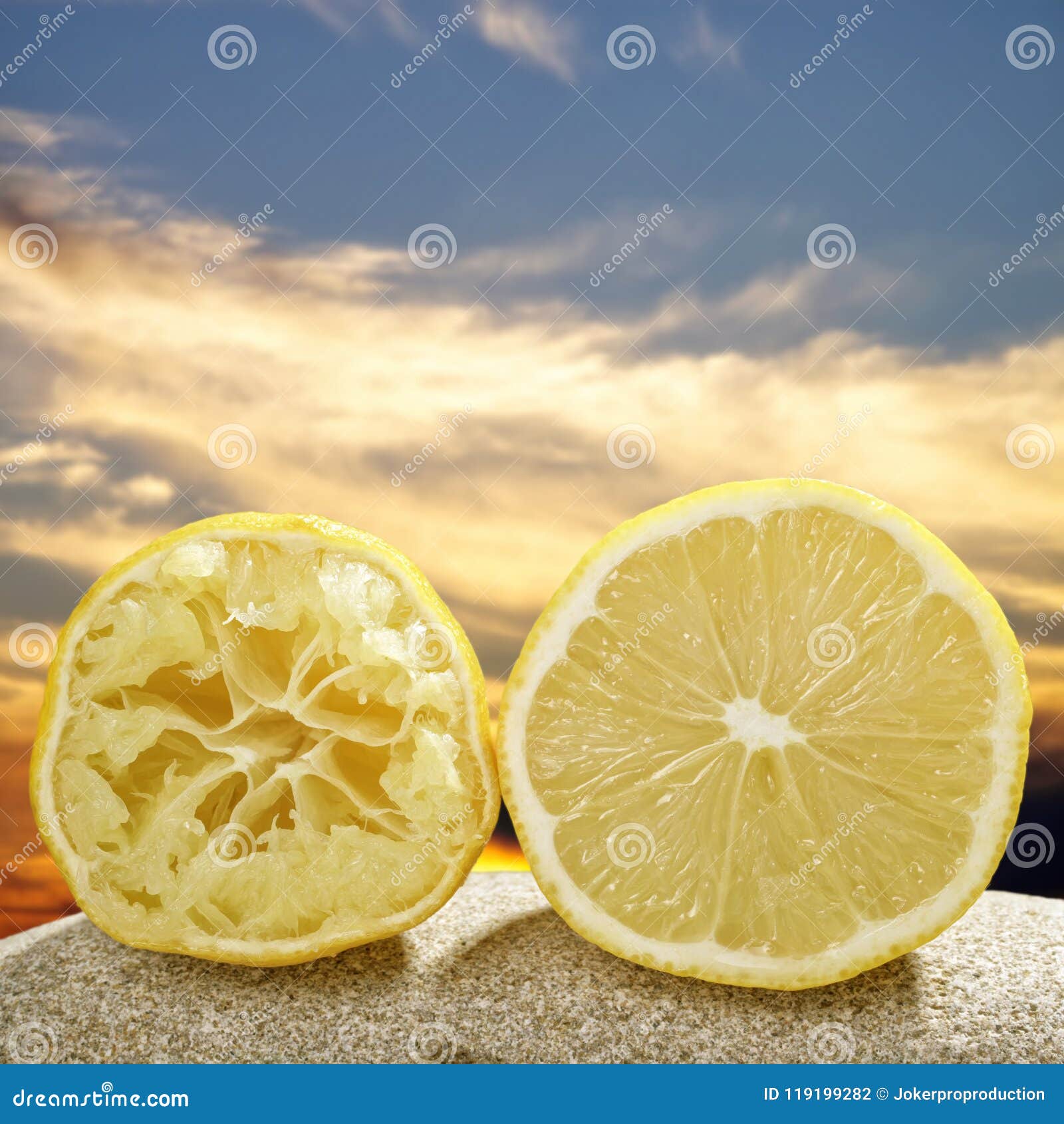 Lemon and sunset sky stock photo. Image of closeup, portion - 119199282