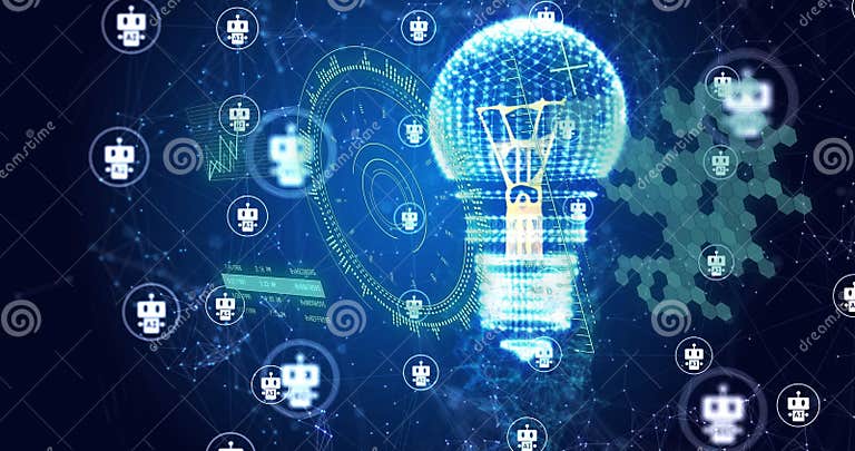 Image of Light Bulb, Connections with Chat Bot Icons and Data ...