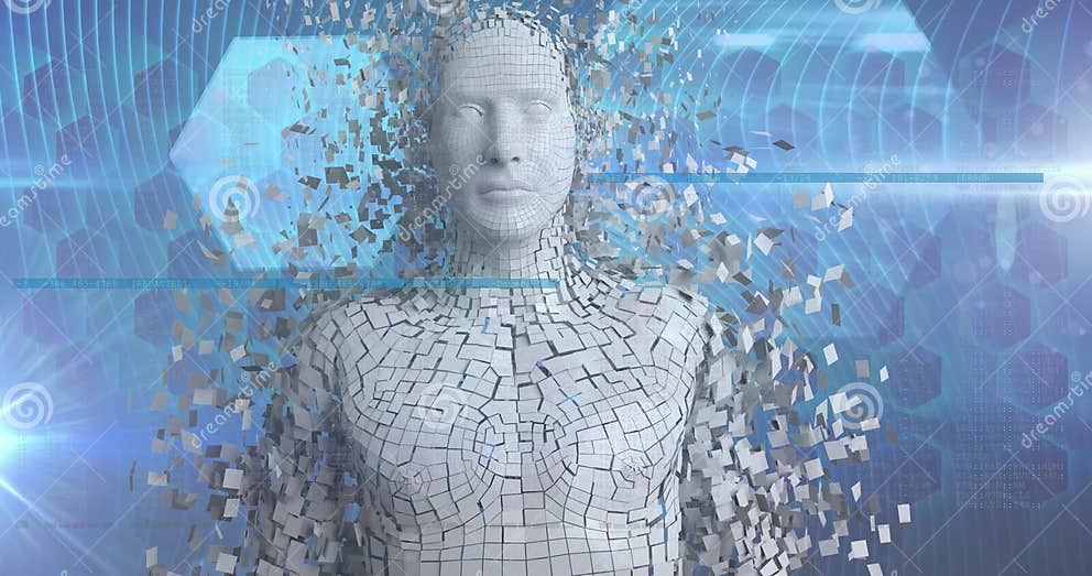 Image of Light Trails and Digital Human Over Shapes on Blue Background ...