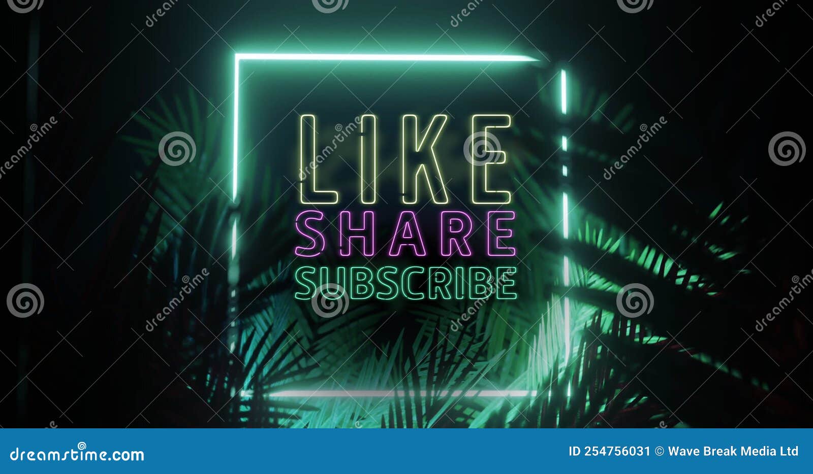 Image of Like Share Subscribe Text Over Neon Shape and Leaves on Black ...