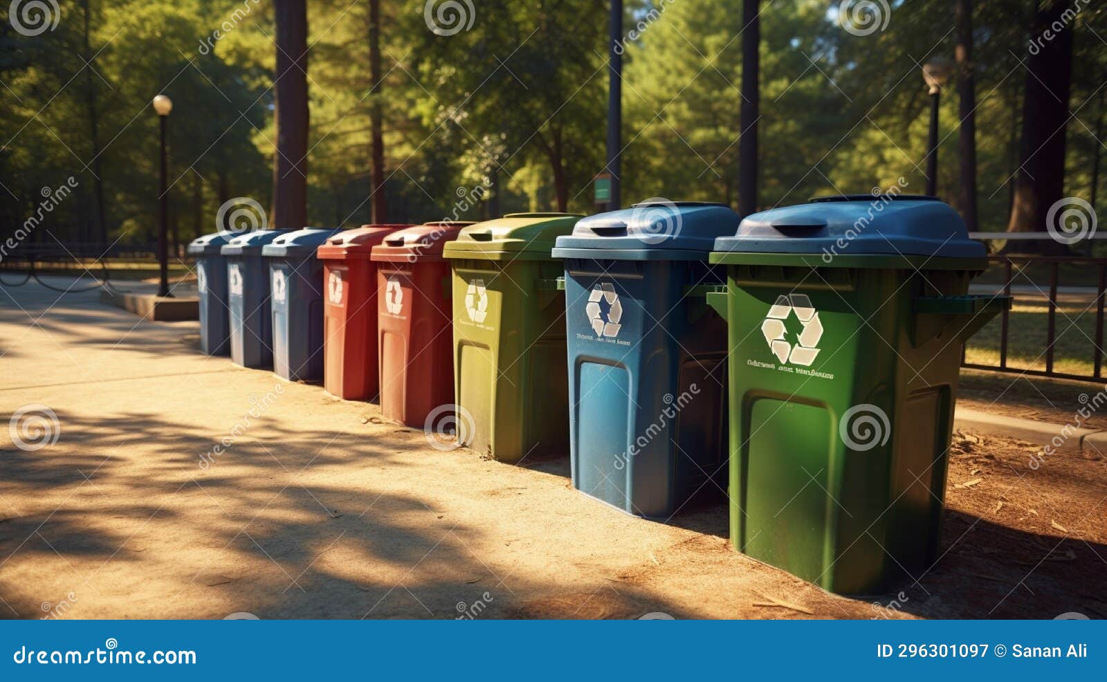 An Image of a Line of Recycling Bins in a Spotlessly Clean City Park ...