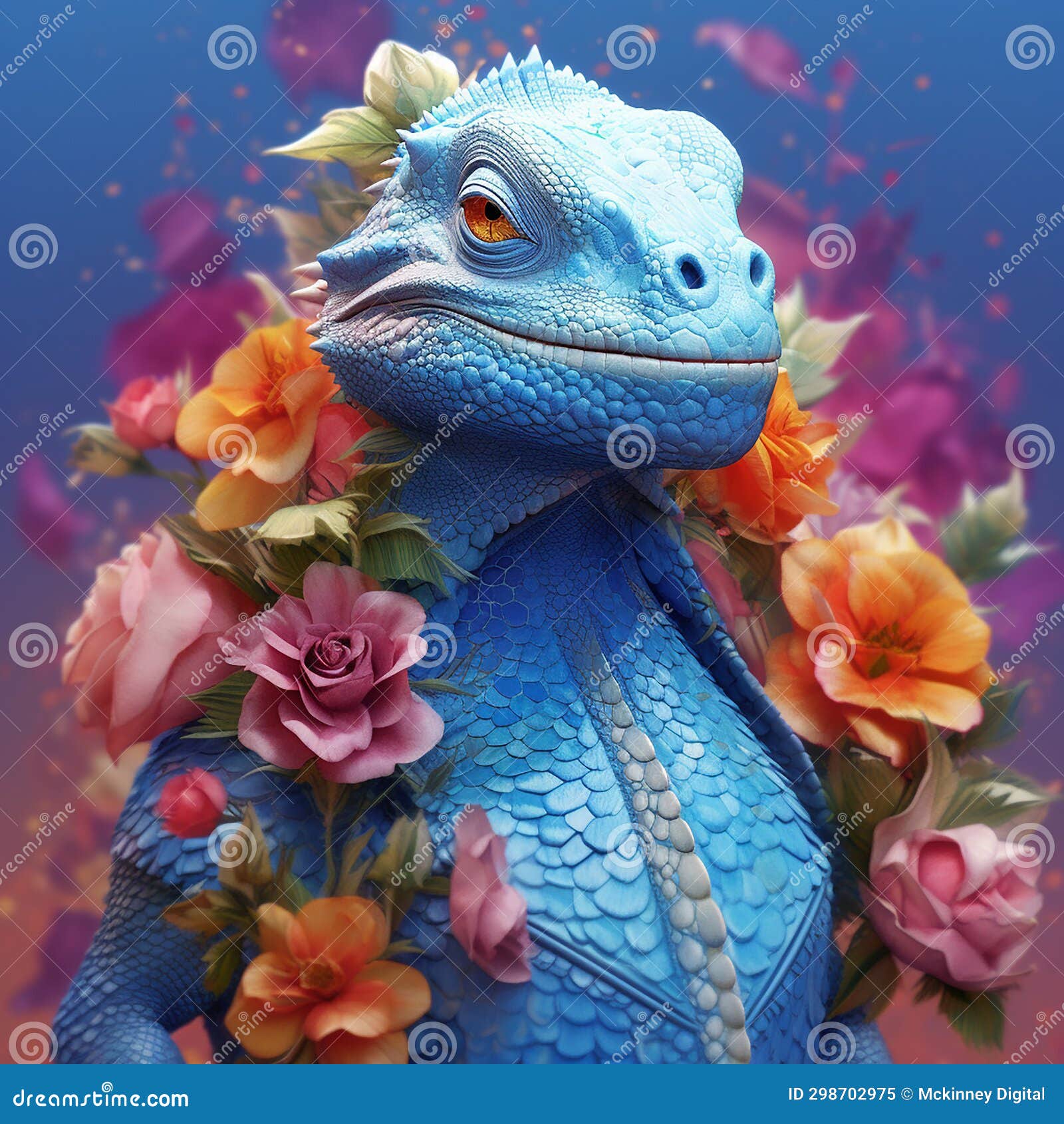 A Blue Lizard Style Creature Surrounded by Beautiful Floral. Stock ...