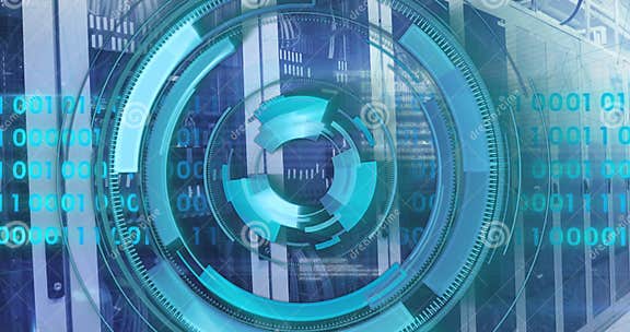 Image Of Loading Circles And Binary Codes Over Data Server Racks In Server Room Stock Image 