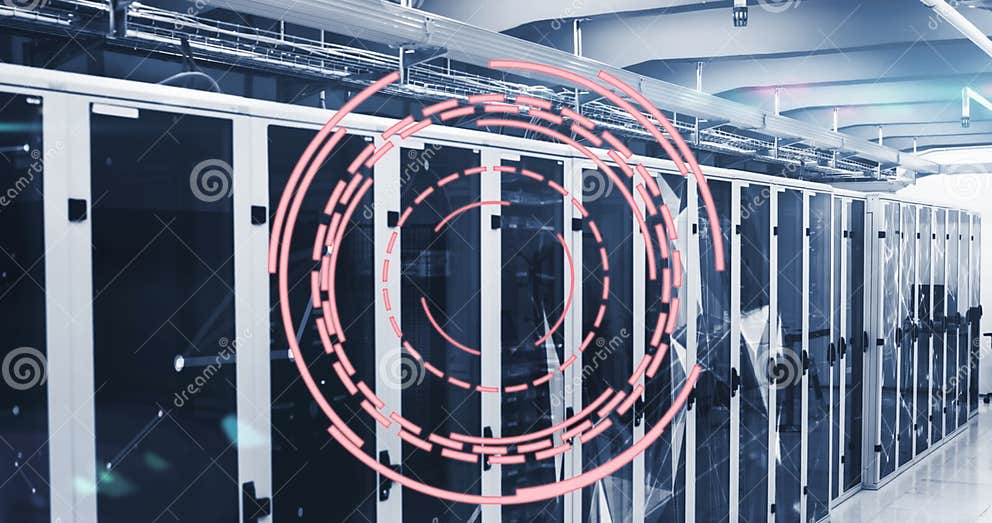 Image of Loading Circles and Connected Dots Forming Geometric Shapes Over Server Room Stock ...