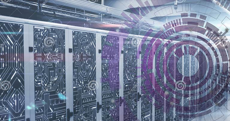 Image of Loading Circles Over Circuit Board Pattern on Server Racks in ...