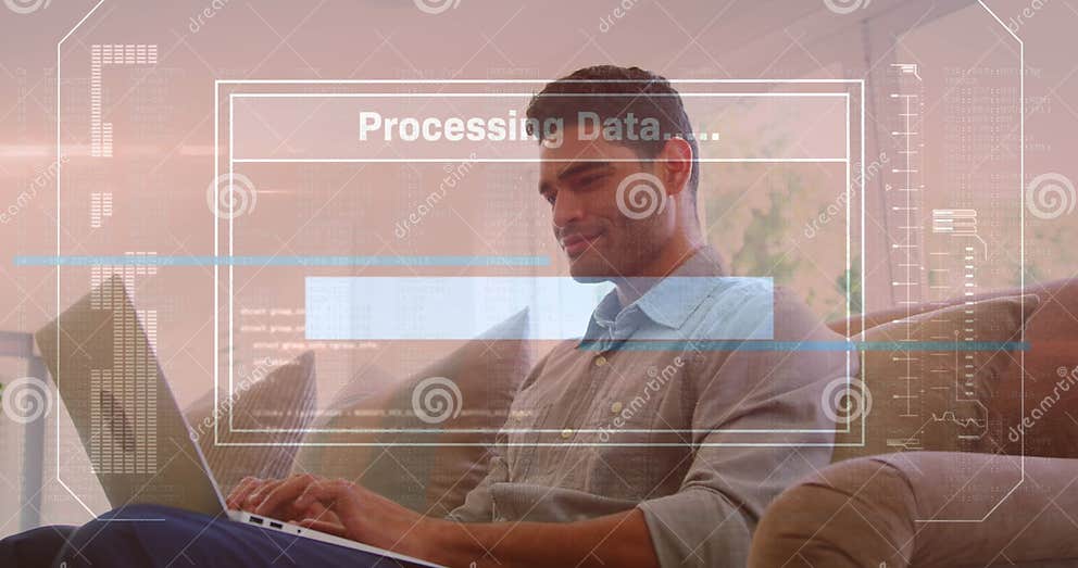 Image of Loading Text in Bar, Computer Language, Biracial Man Using Laptop at Home Stock Image ...