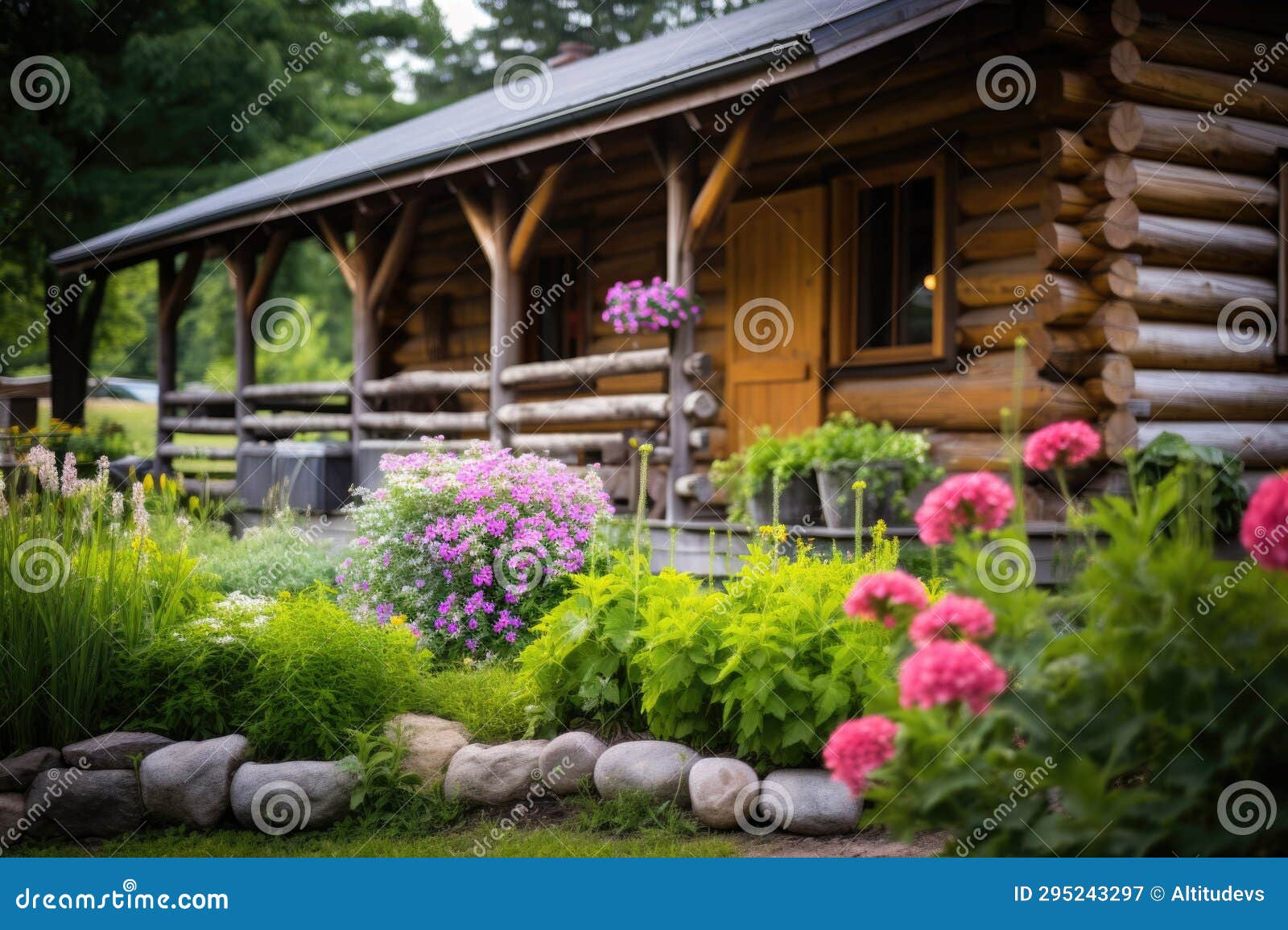 Image of Log Cabin Framed by Flowering Plants Stock Image - Image of ...