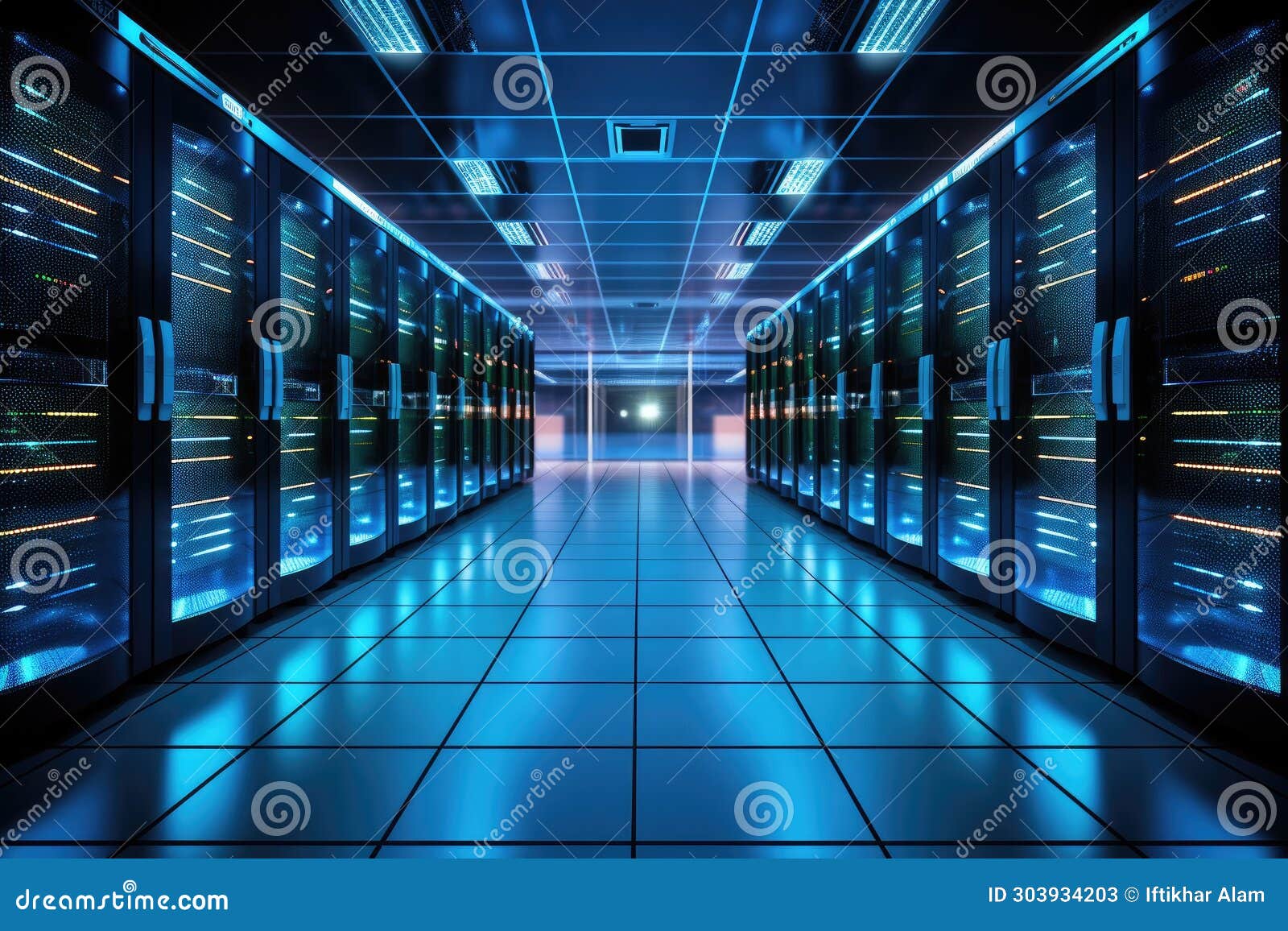 An Image of a Long Hallway with Rows of Servers in a Data Center ...