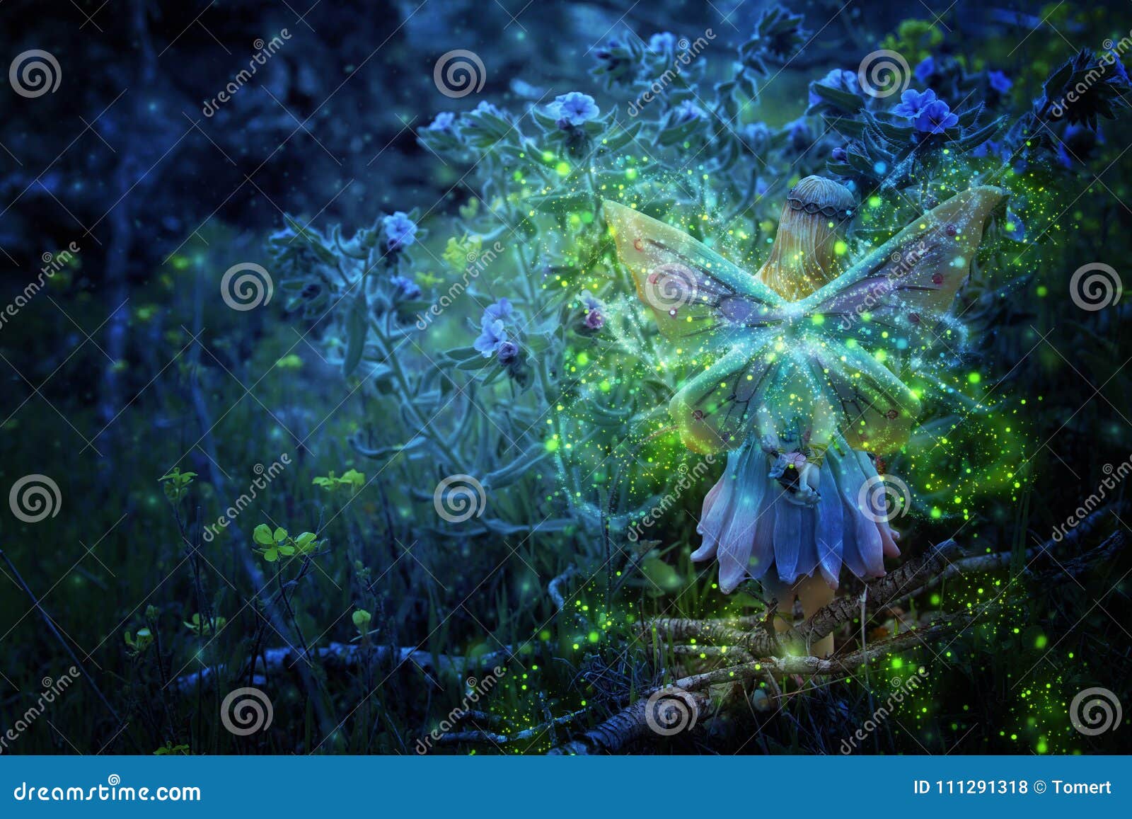 Image of Magical Little Fairy in the Night Forest. Stock Photo - Image ...