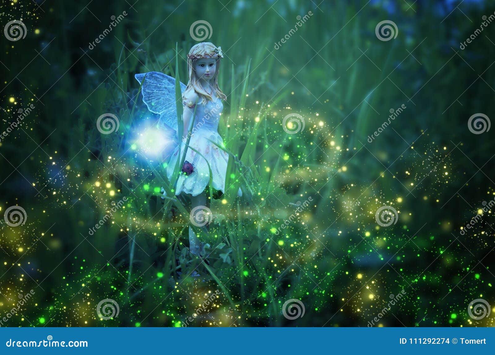 Image of Magical Little Fairy in the Night Forest. Stock Photo - Image ...