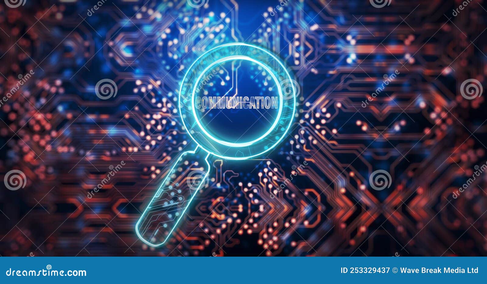 Image of Magnifying Glass with Communication Text Over Computer Circuit ...