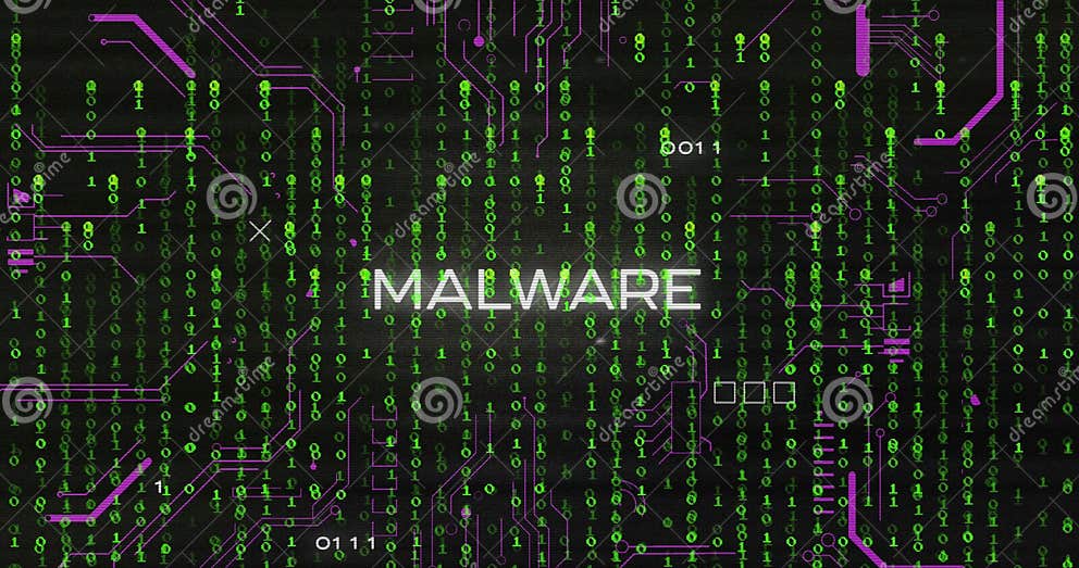 Image Of Malware Text And Binary Coding Data Processing Over Circuit Board Stock Illustration