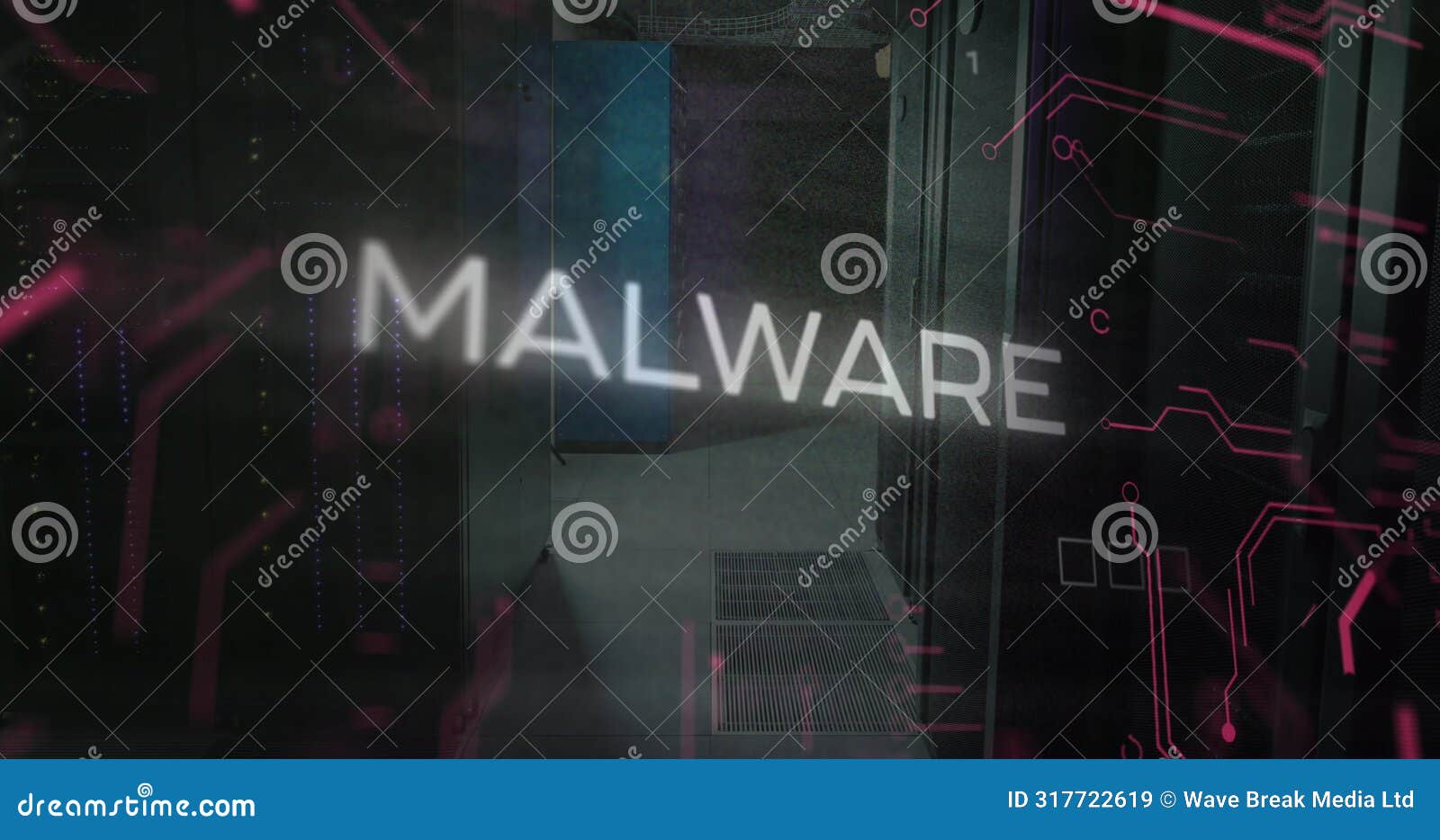 Image of Malware Text in Circuit Board Pattern Over Server Room in ...