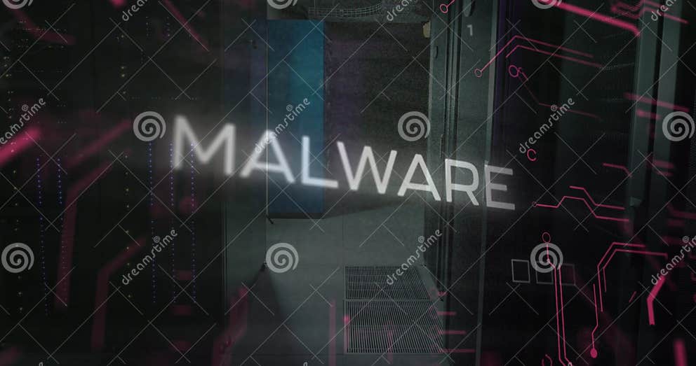 Image of Malware Text in Circuit Board Pattern Over Server Room in ...