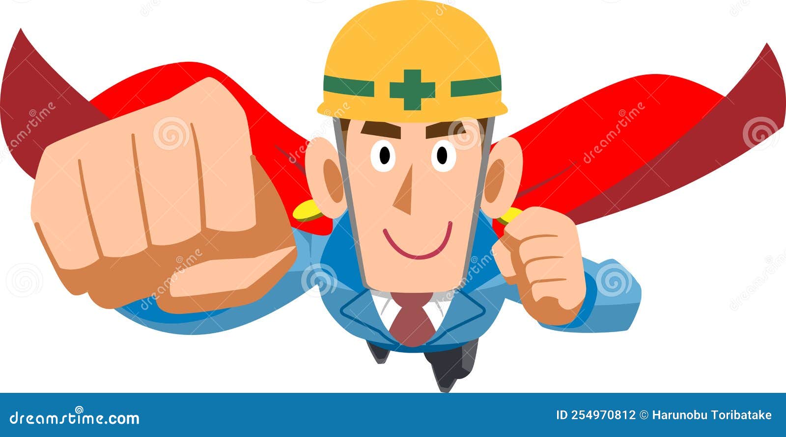 A Man at a Construction Site in Blue Work Clothes Flying with a Cloak ...