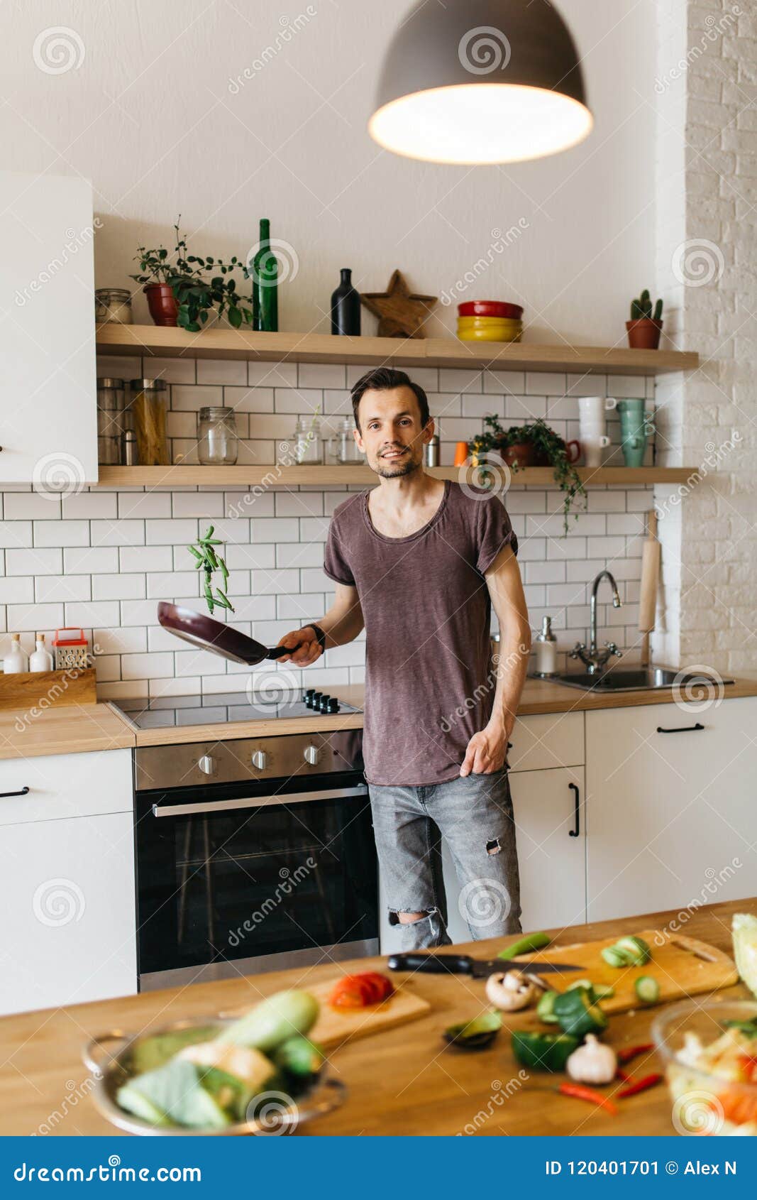 Image of Man with Frying Pan in Hands in Kitchen Stock Image - Image of ...