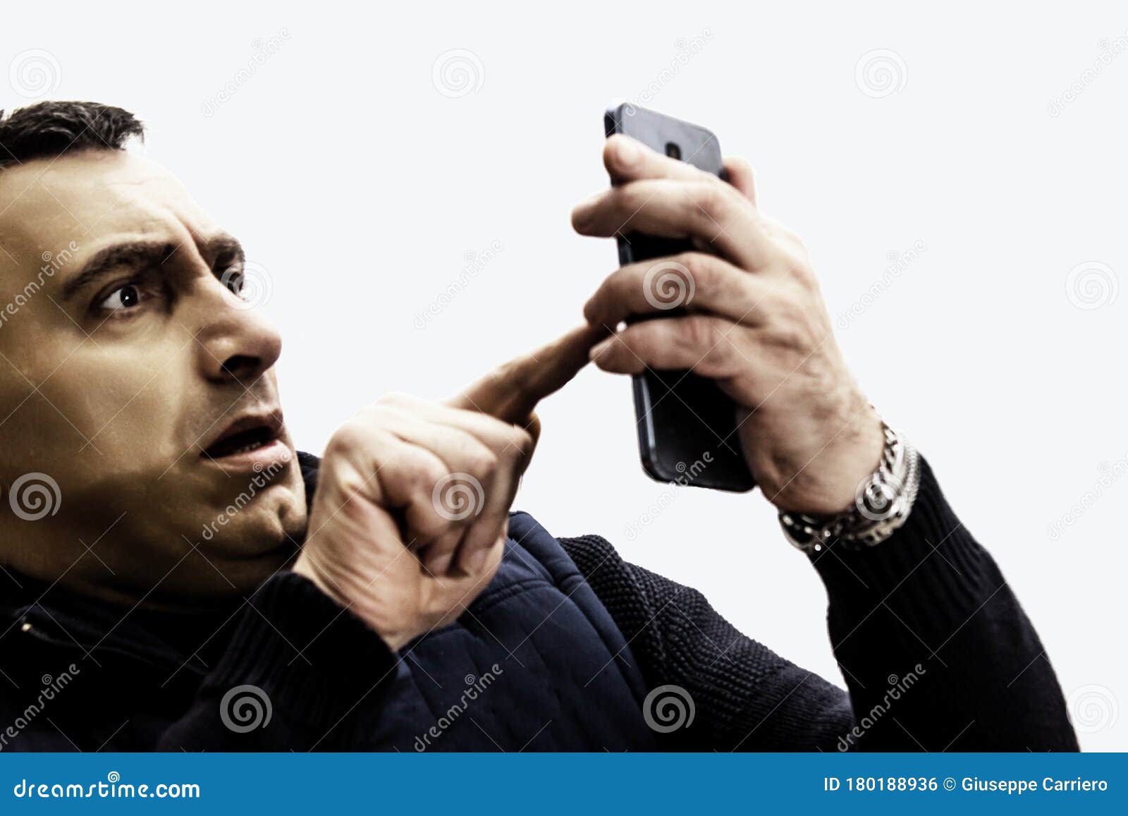 Image of Man with Phone in Hand Trying To Write a Message To Someone ...