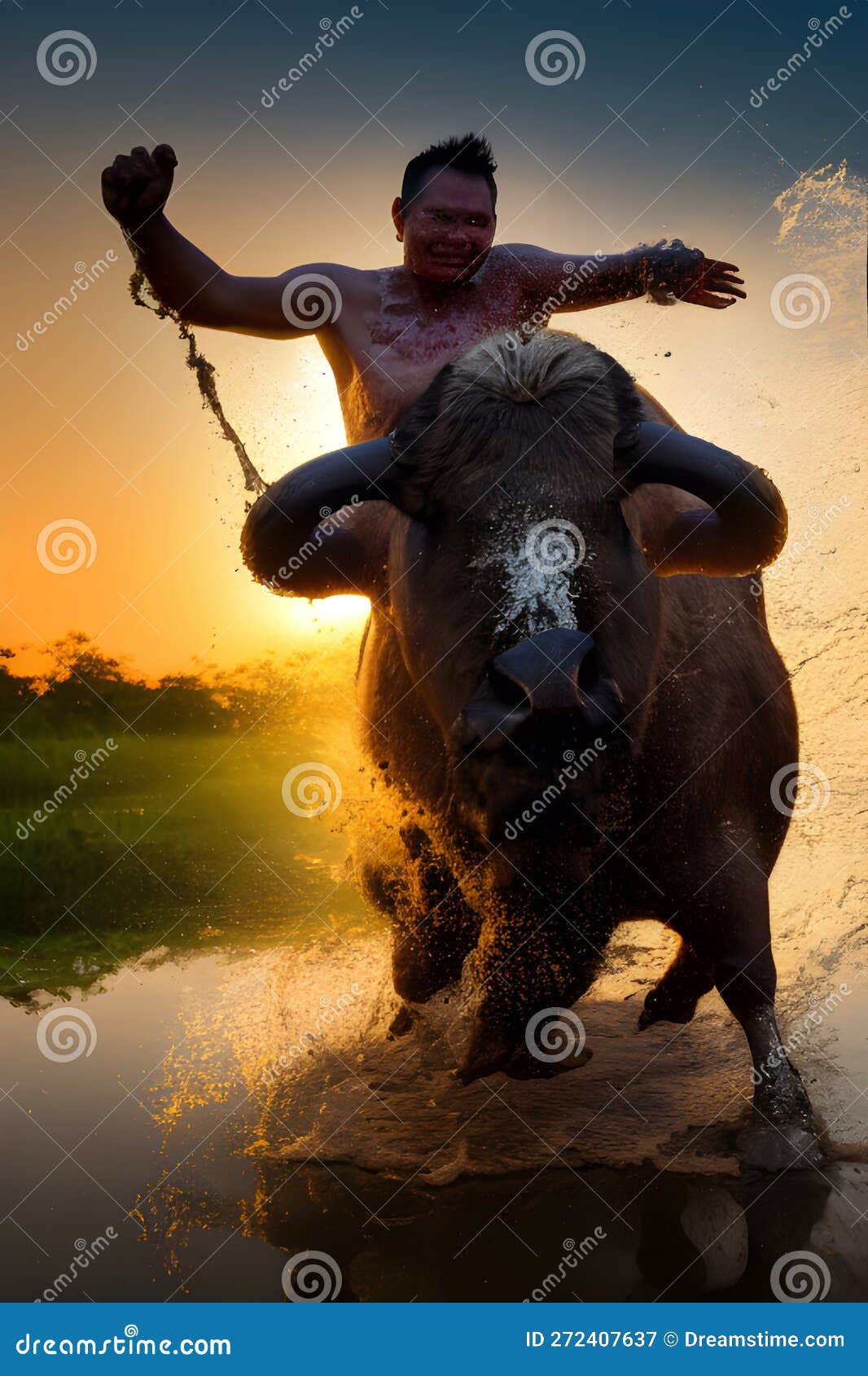 Image of the Man Riding Buffalo Racing and Splashing through a Muddy ...