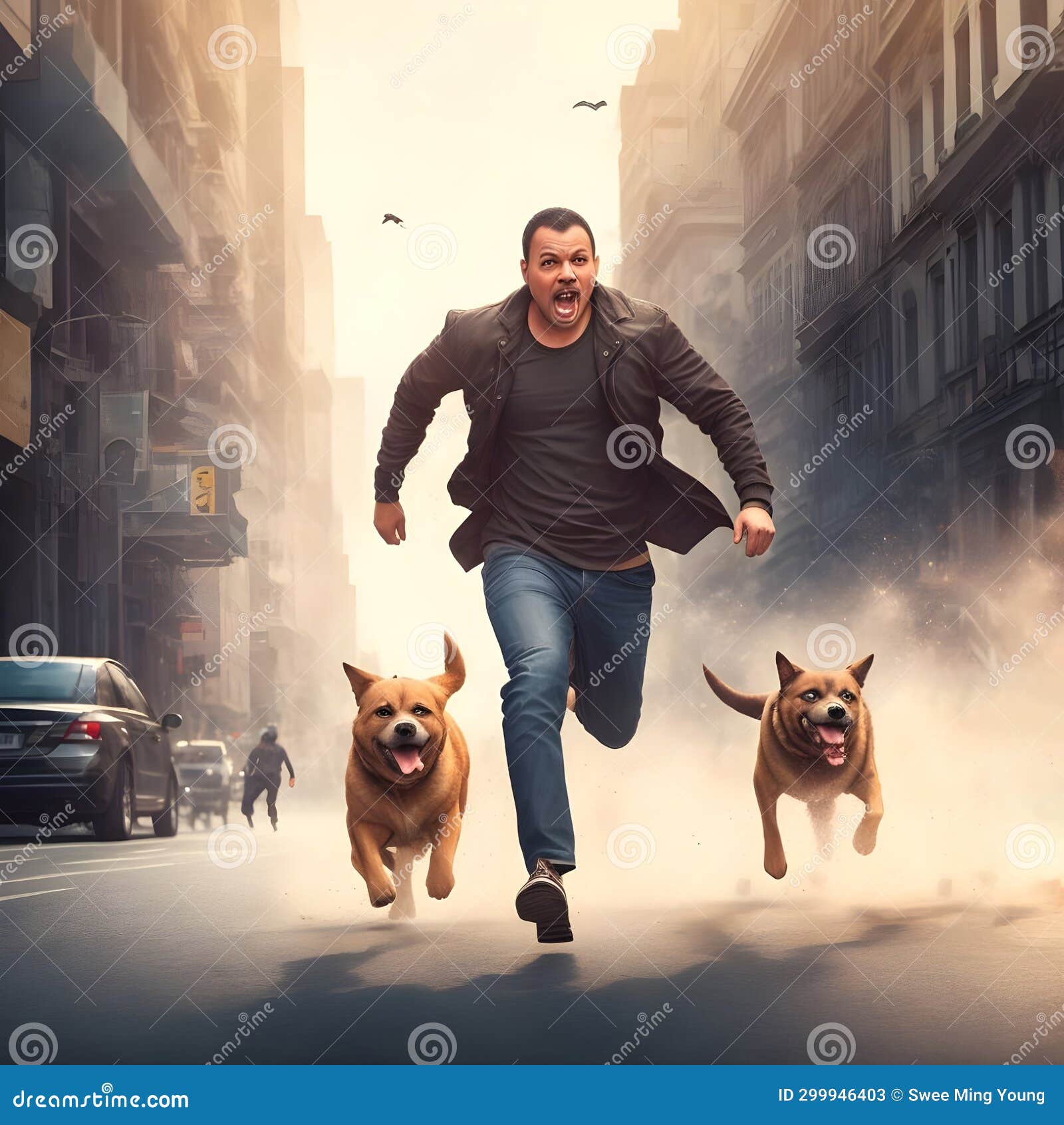 Image of a Man Running with (or Being Chased by) Dogs in the City ...