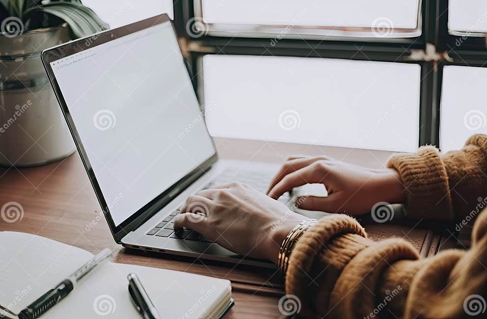 A Person is Using a Laptop Computer with a Mouse for Typing Stock ...