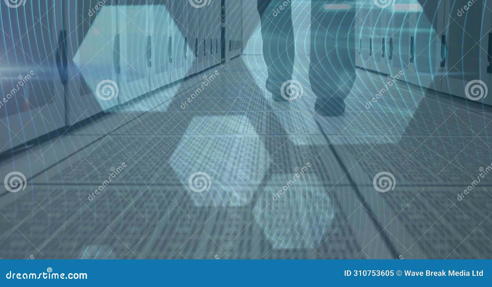 Image of Man Walking in Tech Room with Computer Servers with Hexagons ...