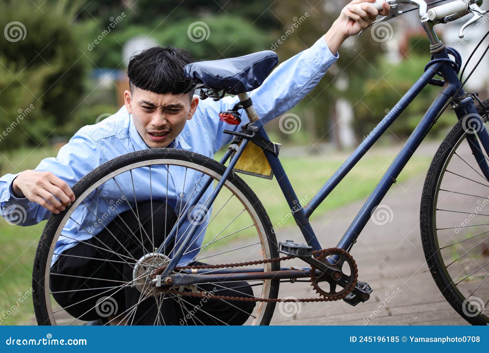 A Man with a Broken Bicycle Stock Image - Image of puncture, road ...