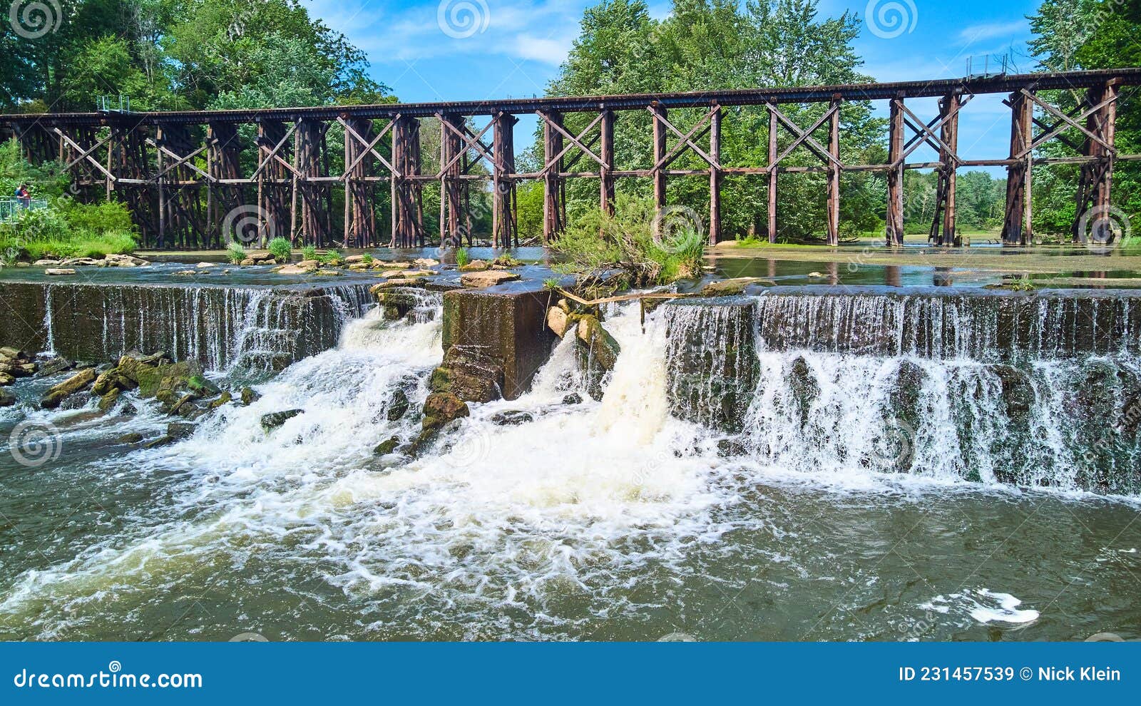 Manmade Dam Creating Waterfalls with Railroad Wood Bridge in Background ...