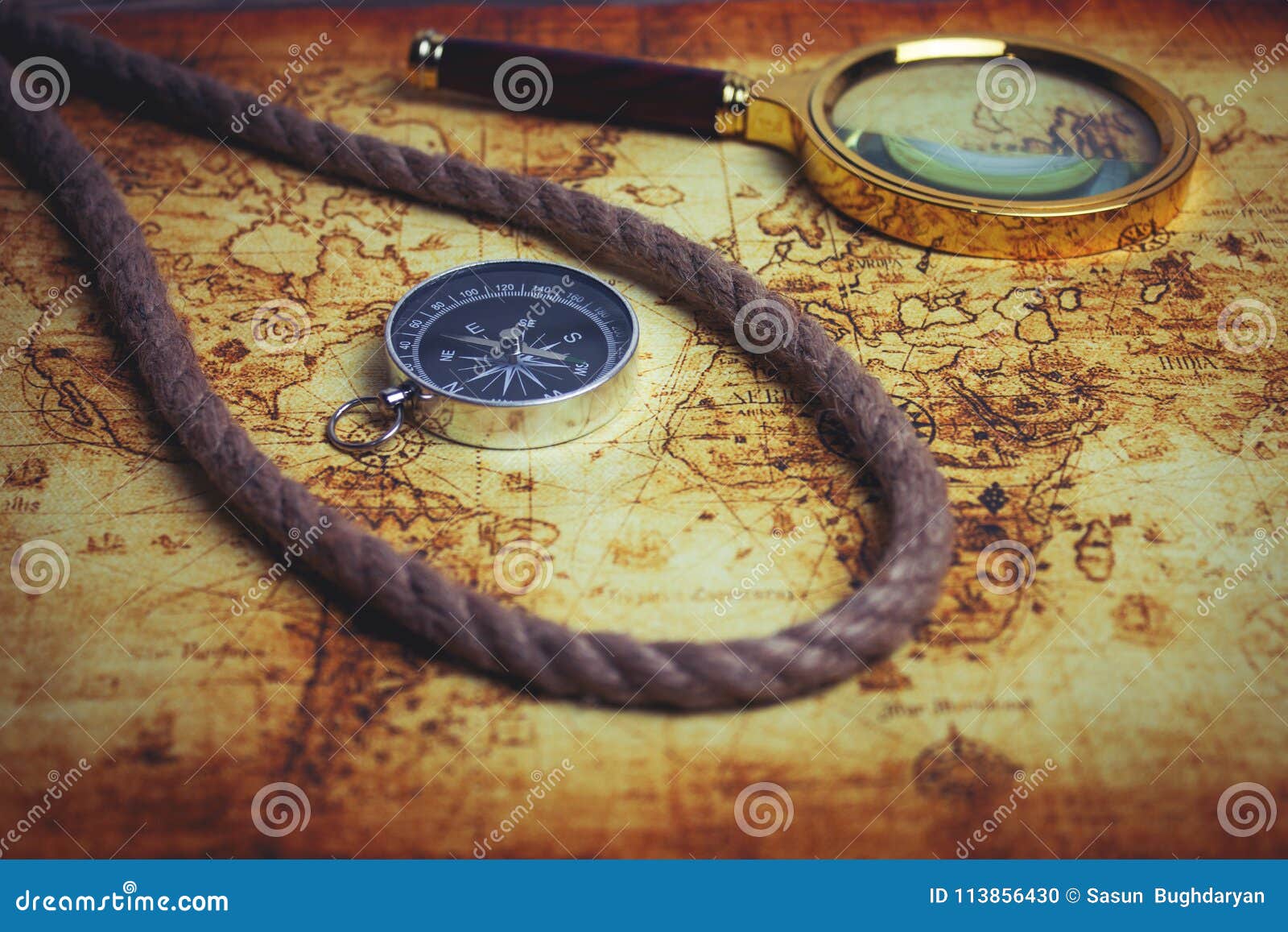Image of Map, Magnifying Glass and Old Compass Stock Photo - Image of ...