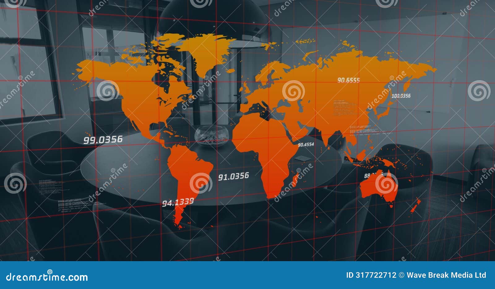 Image of Map and Numbers Over Empty Chairs and Table Arranged in ...