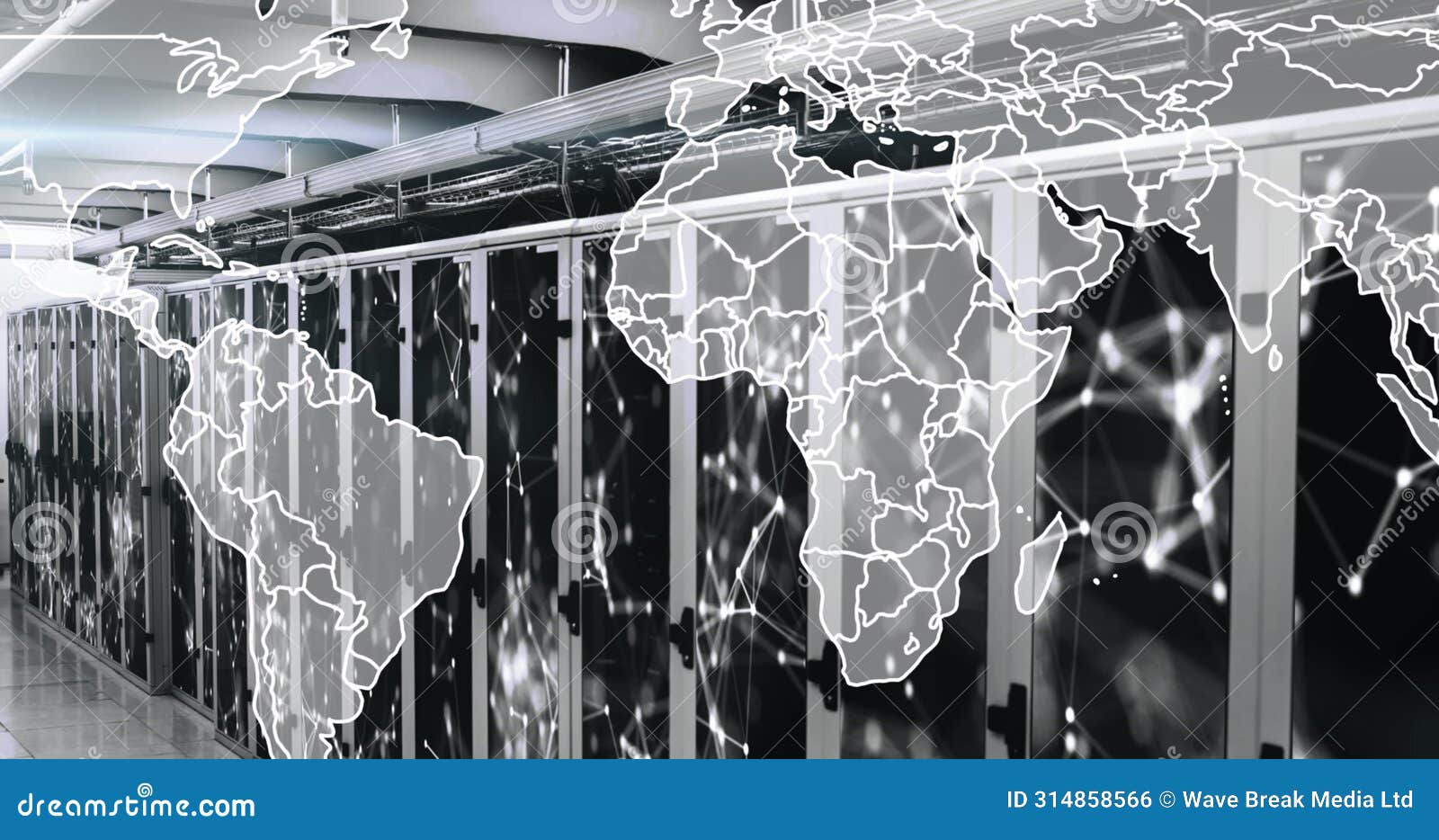 Image of Map Over Connected Dots on Server Racks of Server Room Stock ...