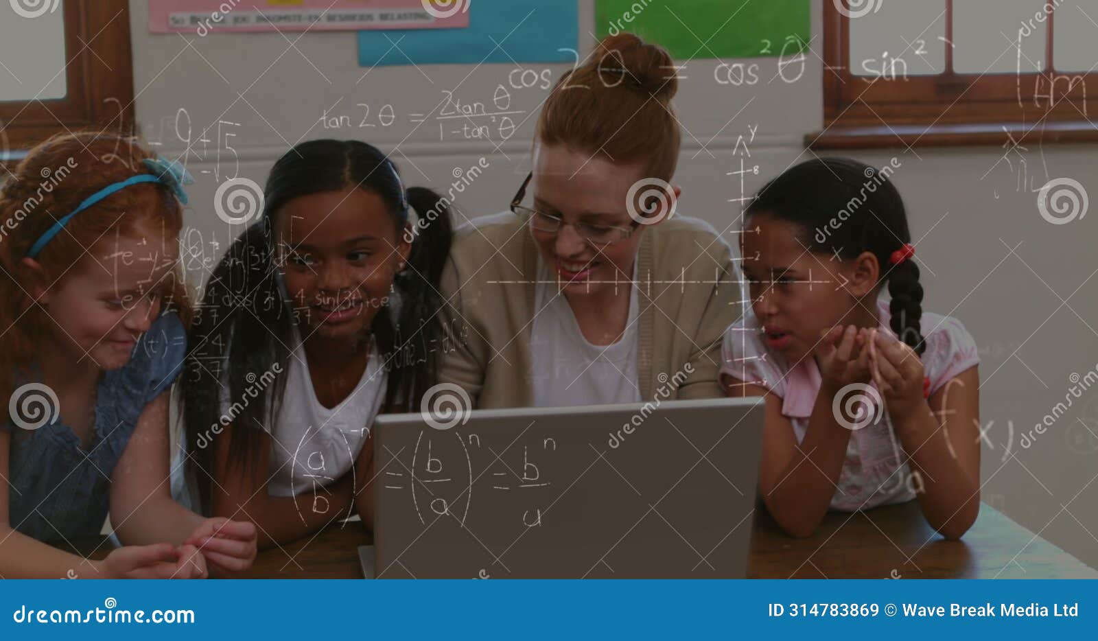 Image of Math Formulas Moving Over Diverse Female Teacher and Pupils ...