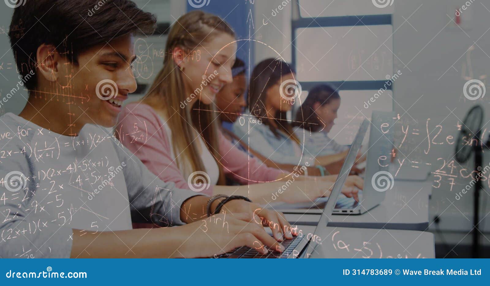 Image of Math Formulas Moving Over Happy Diverse Pupils Working on ...