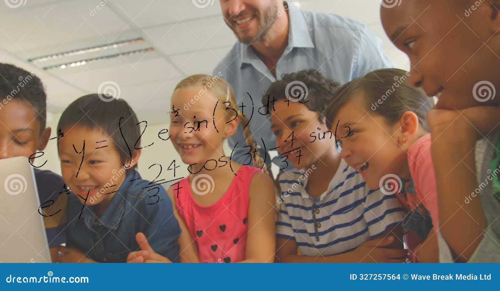 Image of Math Formulas Over Diverse Pupils and Male Teacher at School ...