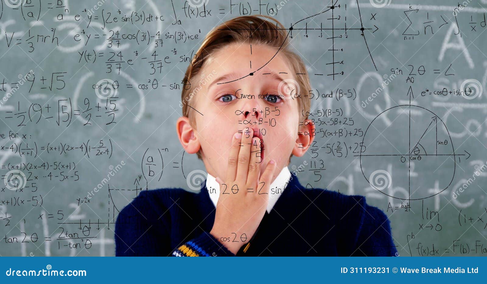 Image of Math Formulas Over Scared Caucasian Boy Over Blackboard Stock ...