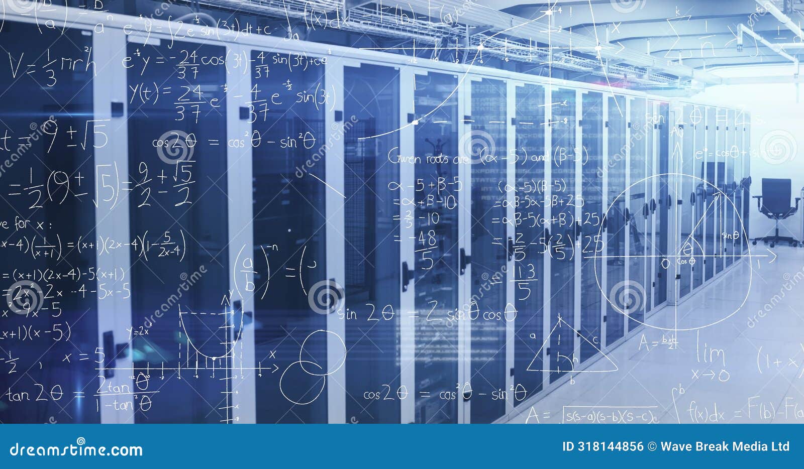 Image of Mathematical Equation and Diagrams Over Server Racks in Server ...
