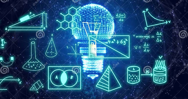 Image of Mathematical Equations Over Light Bulb and Networks on Dark ...