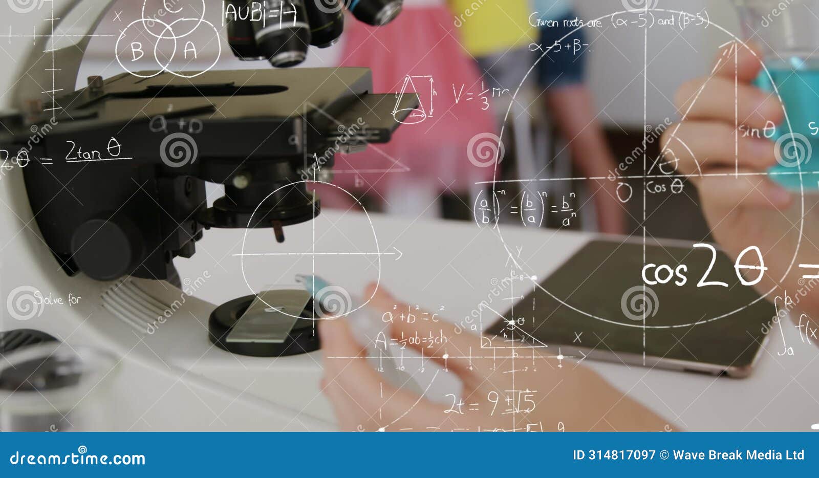 Image of Mathematical Formulae Over Student Using Microscope Stock ...