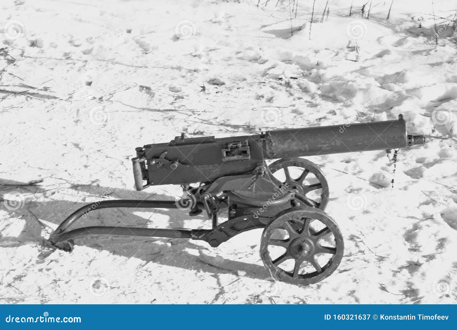 Black and White Image of Maxim Machine Gun with Wheels on the Firing ...