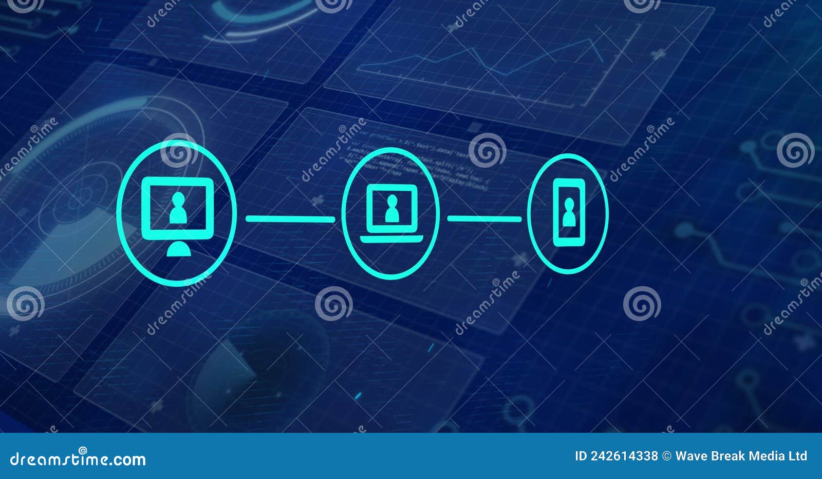 Image of Media Icons Over Data Processing on Blue Background Stock ...